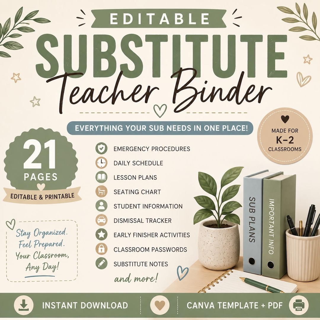 Editable Substitute Teacher Binder | Emergency Sub Plans, Classroom ...