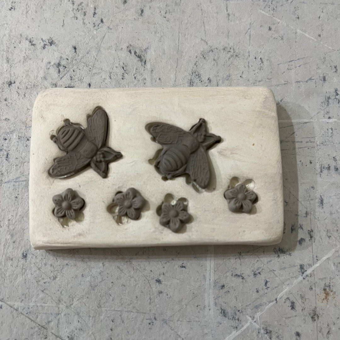 2BF Bees and Flowers Press Mold Relief Mold or Sprig Mold Bisque Clay ...