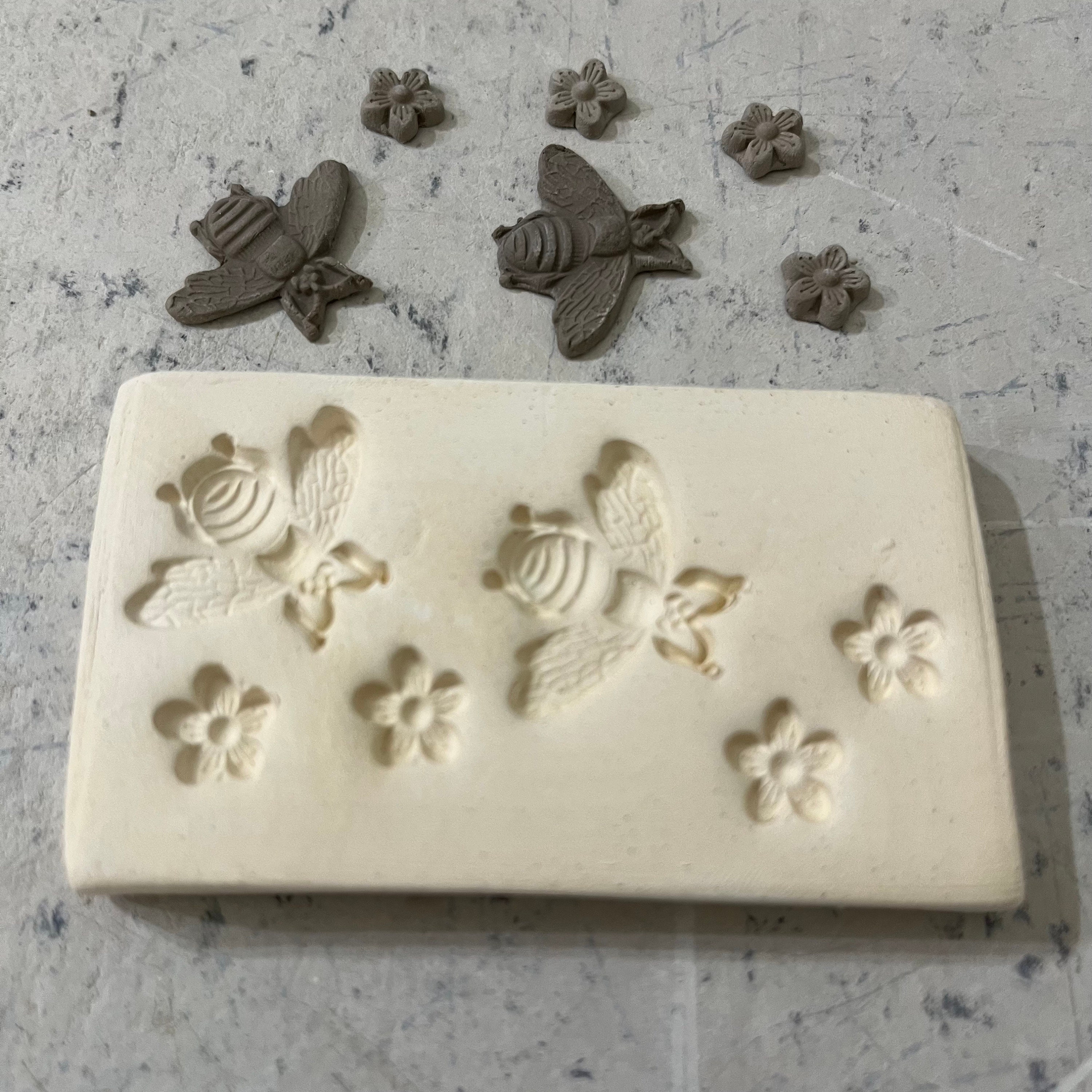 2BF Bees and Flowers Press Mold Relief Mold or Sprig Mold Bisque Clay ...