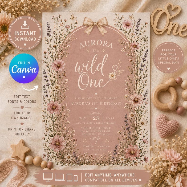 Wild One Boho Wildflower Birthday Invitation Template Girl (digital ...