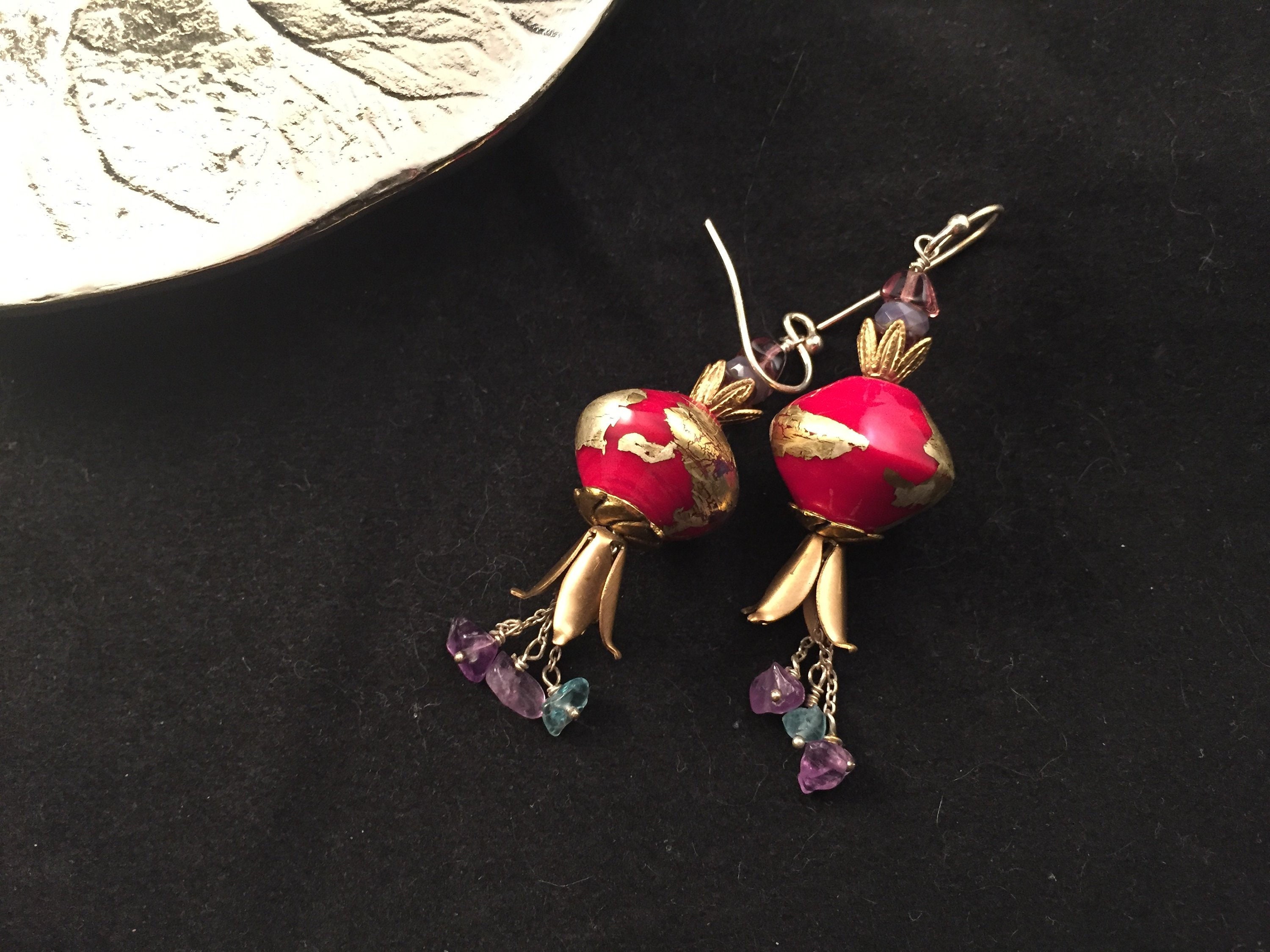 Red and Gold Earrings Artisan Earrings Lampwork Earrings - Etsy