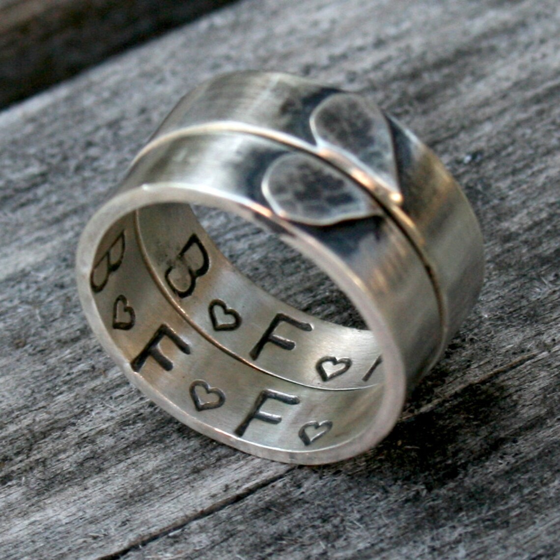 Sterling Silver Heart Ring Set Personalized Hand Stamped - Etsy