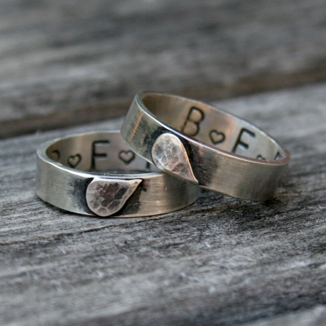 Sterling Silver Heart Ring Set Personalized Hand Stamped - Etsy