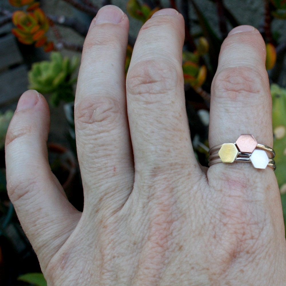 Stacking Ring Set - Three Mixed Metal Hexagon - Geometric Rings - Etsy