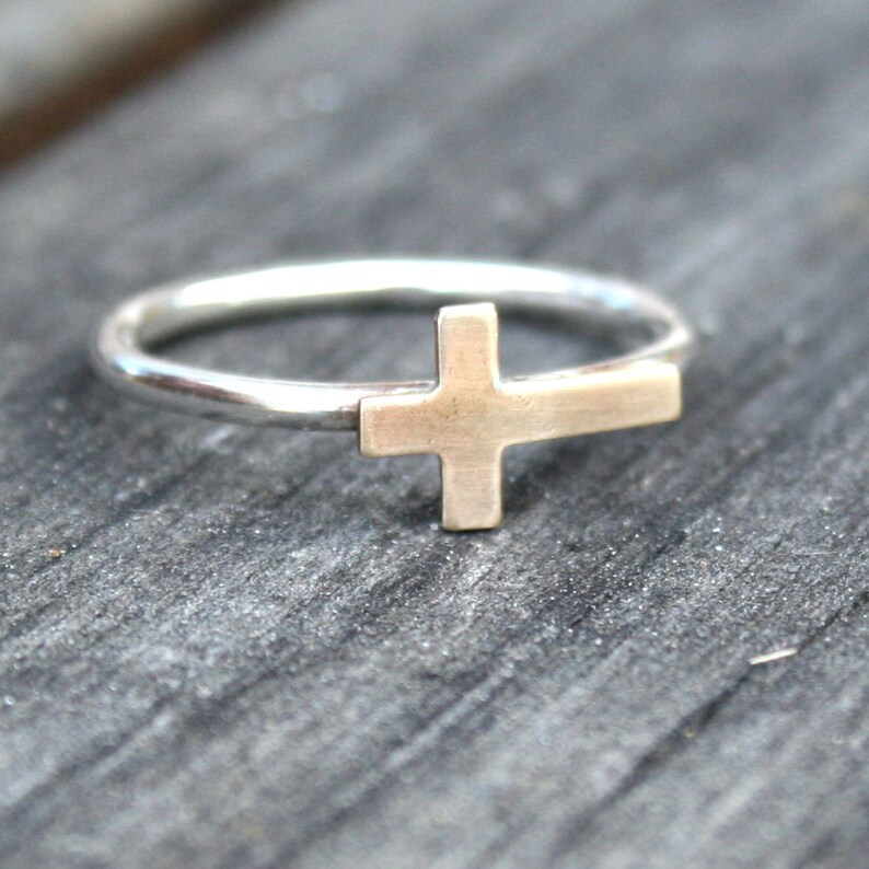 Sterling Silver Stacking Ring With Brass Sideways Cross - Etsy