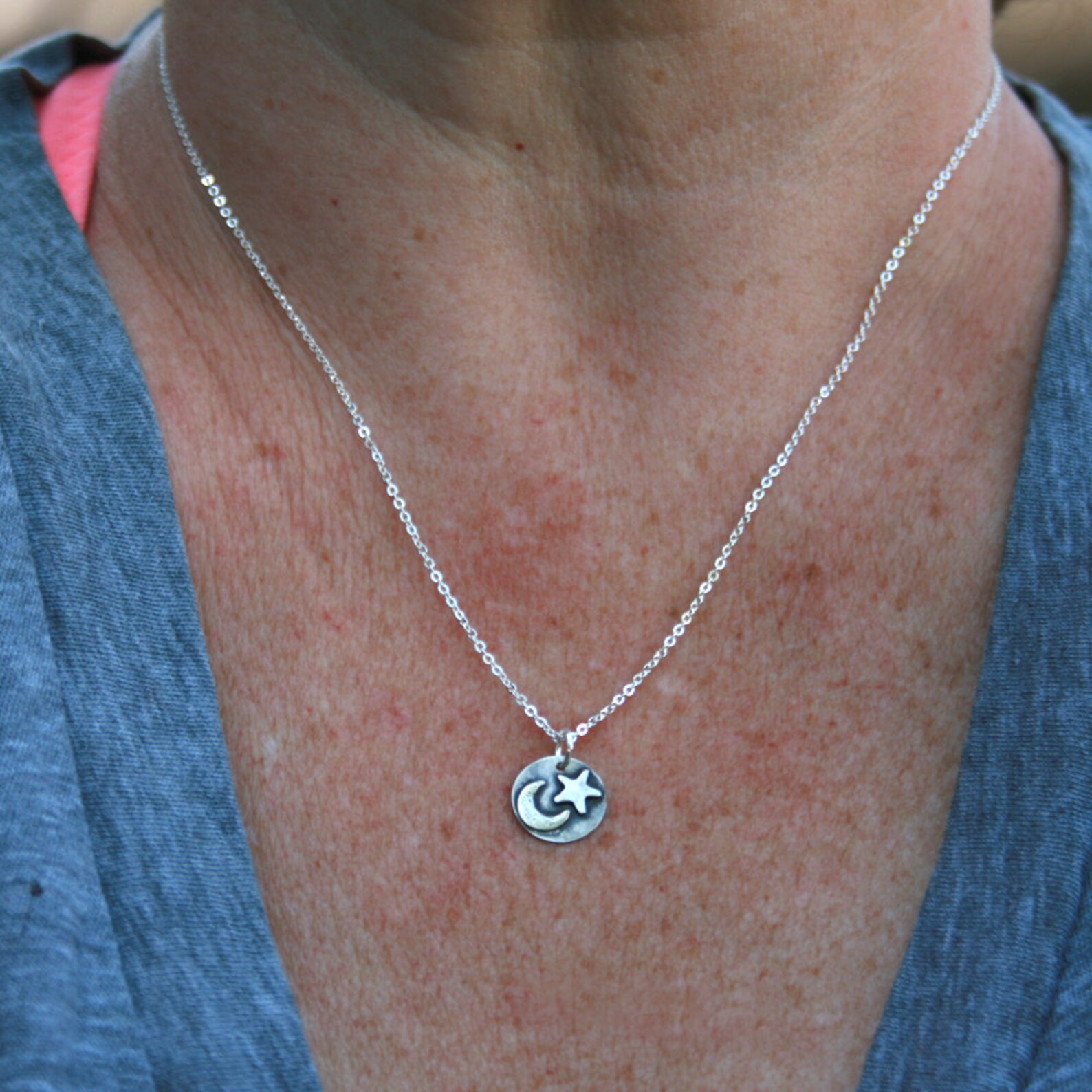 Sterling Silver Necklace Celestial Moon and Star - Etsy