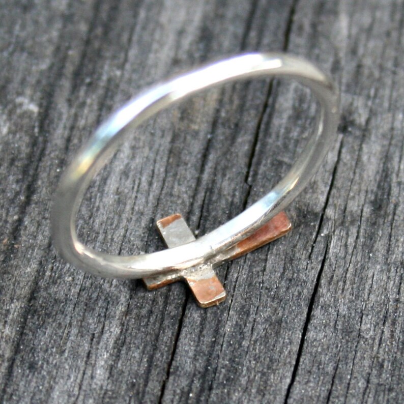 Sterling Silver Stacking Ring With Brass Sideways Cross - Etsy