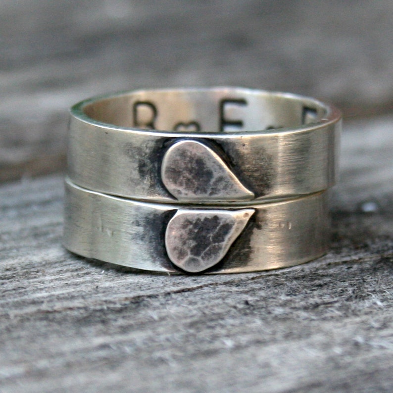 Sterling Silver Heart Ring Set Personalized Hand Stamped - Etsy