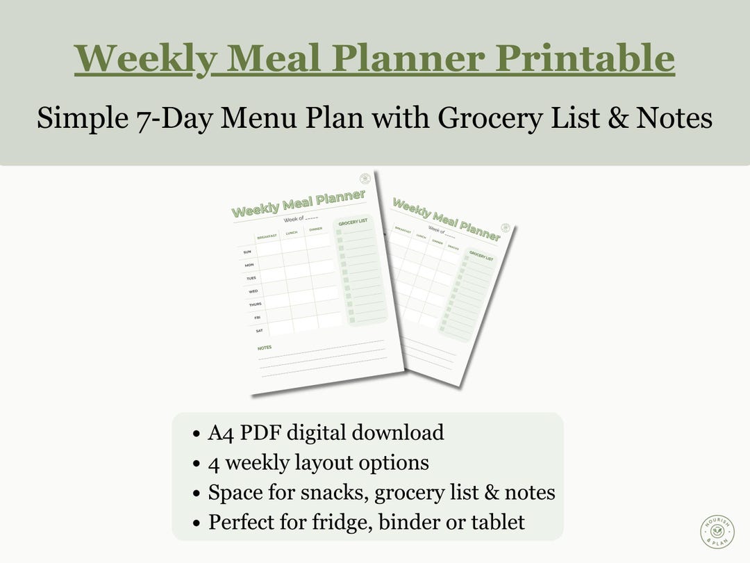 Weekly Meal Planner Printable – 7-day Menu, Grocery List (A4 PDF ...