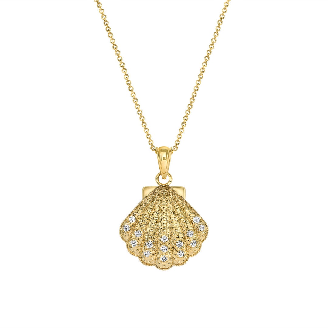 14K Gold and Diamond Shell Mermaid Necklace, Medium, Dainty Chain and ...
