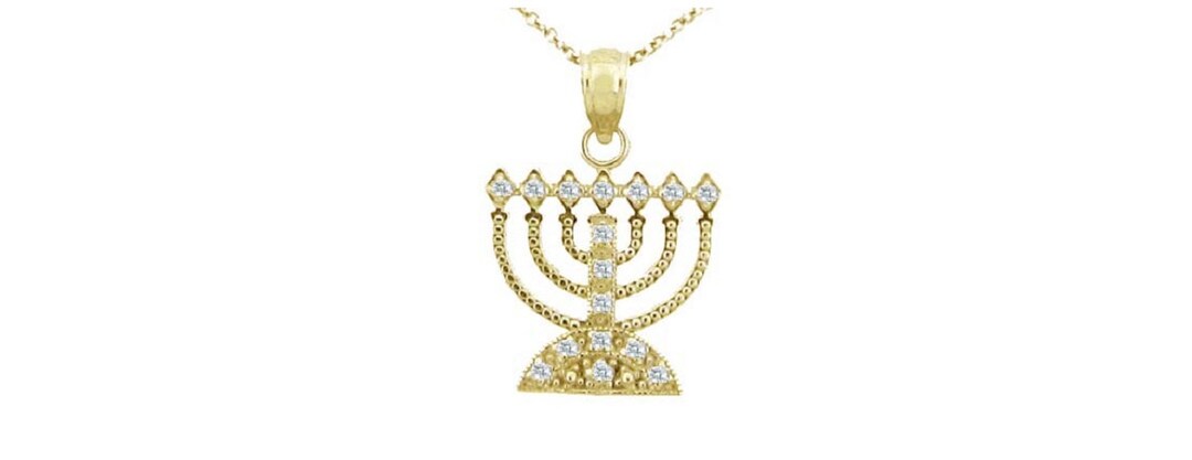 14K Gold and Diamond Menorah Necklace, Hebrew, Dainty Chain and Charm ...
