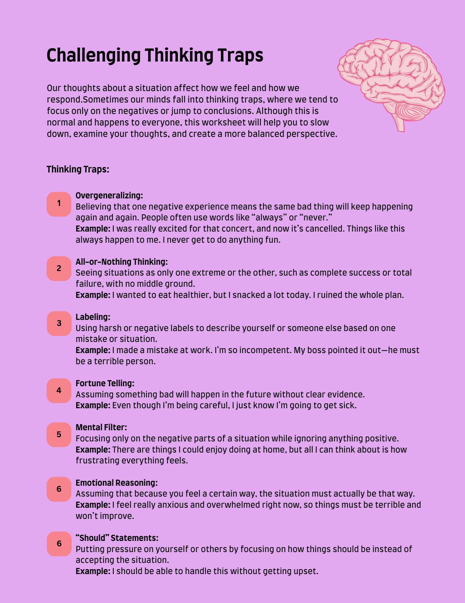 CBT Thinking Traps Worksheet | Cognitive Distortions Therapy Tool ...