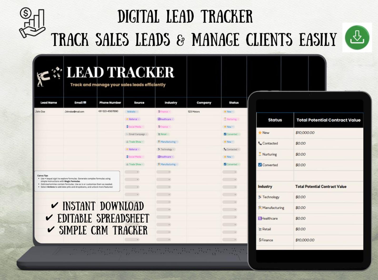 Digital Sales Lead Tracker Spreadsheet | Simple CRM (digital Download ...