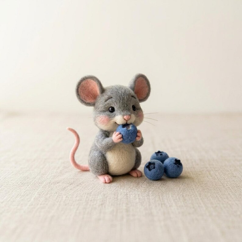 Cute Needle Felted Mouse Eating Blueberry Figurine, Handmade Wool Grey ...