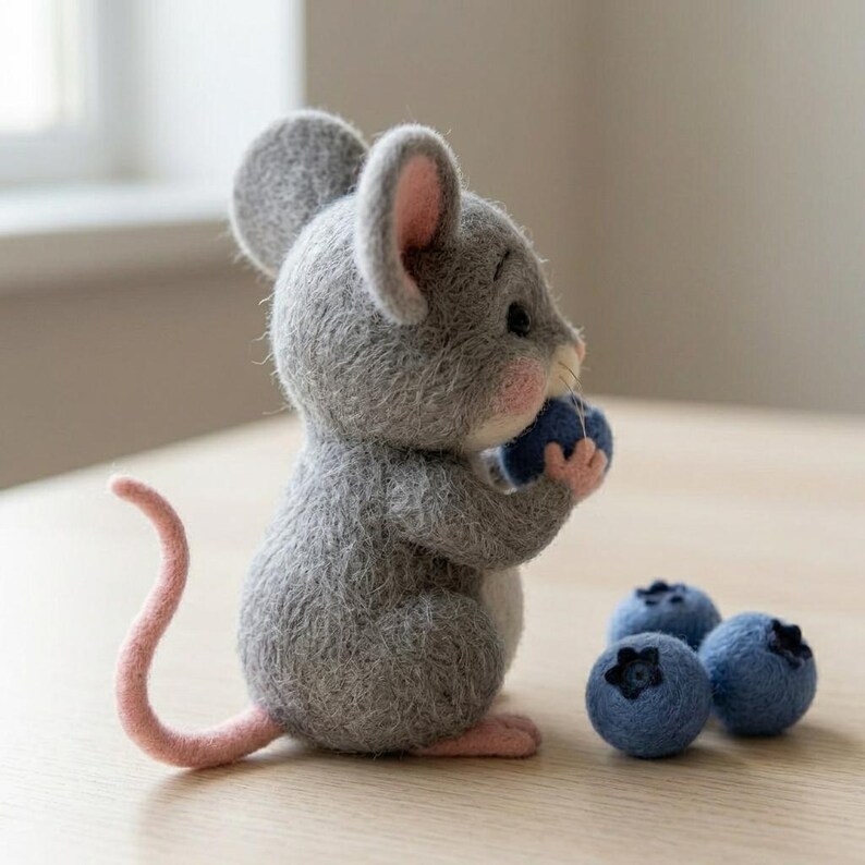 Cute Needle Felted Mouse Eating Blueberry Figurine, Handmade Wool Grey ...