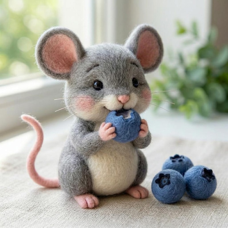Cute Needle Felted Mouse Eating Blueberry Figurine, Handmade Wool Grey ...