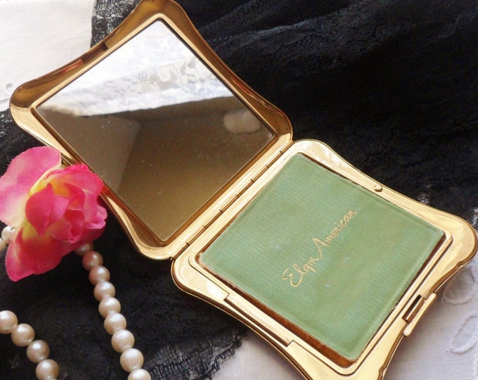 Elgin American Mirrored Powder Compact, Vintage Gold Compact With ...