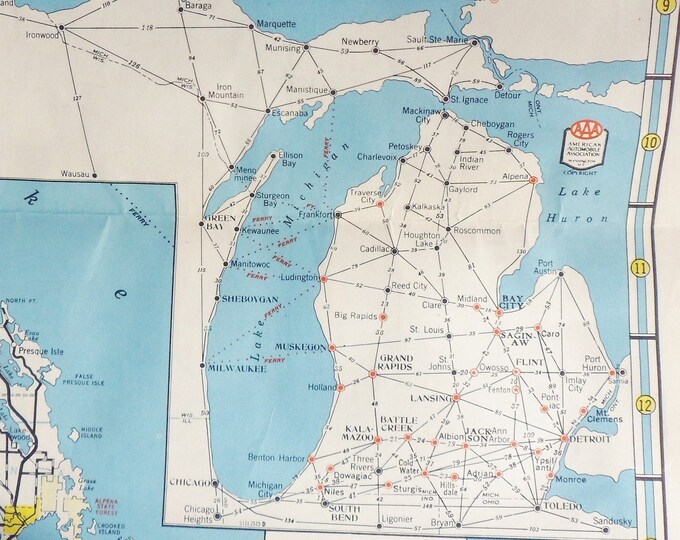 Michigan Road Map, 1957 Lower and Upper Peninsula Road Map, AAA Road ...