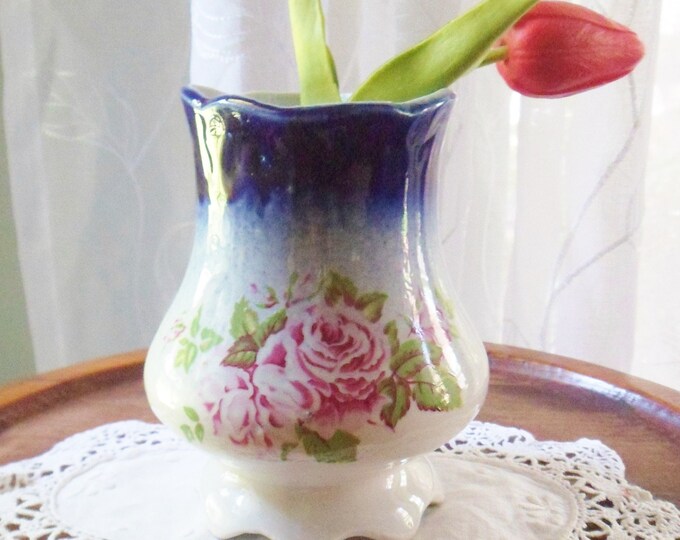 Flow Blue Vase With Roses, Vintage Footed Victorian Flower Vase - Etsy