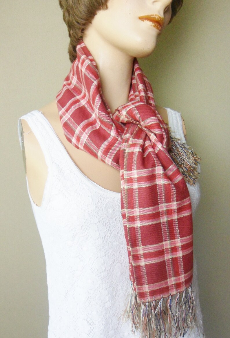 Red Plaid Neck Scarf Handmade Scarf With Hand Knotted Fringe - Etsy
