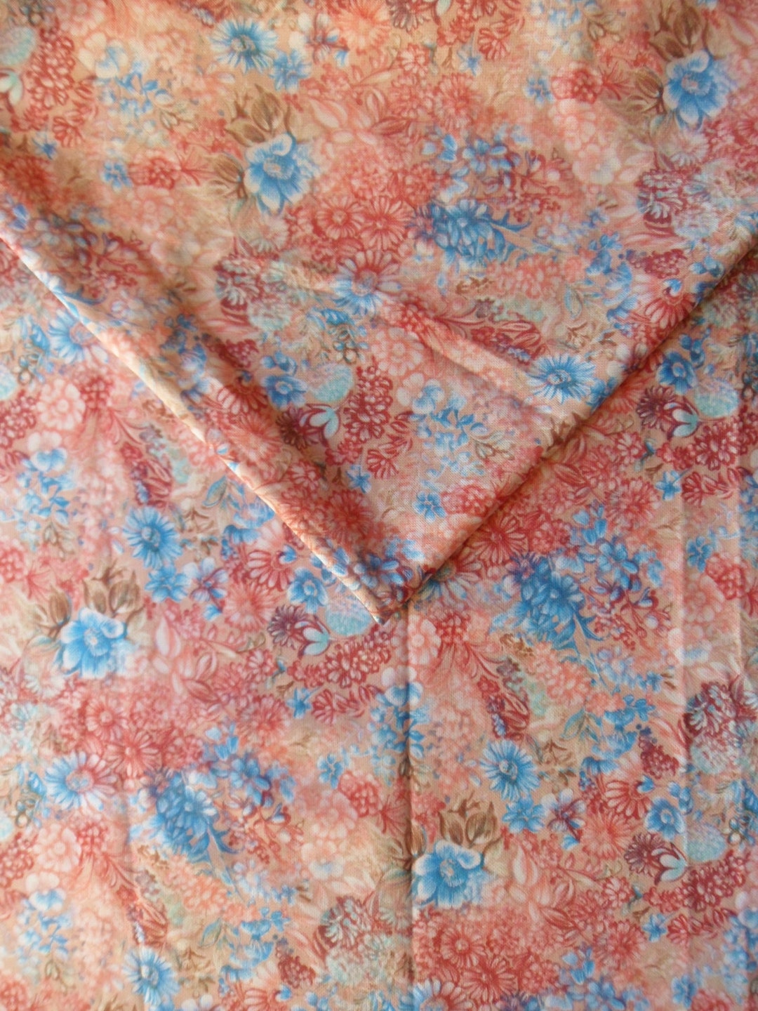 Pink and Blue Floral Polyester Fabric, Dress Making Material 1 3/4 yd x ...