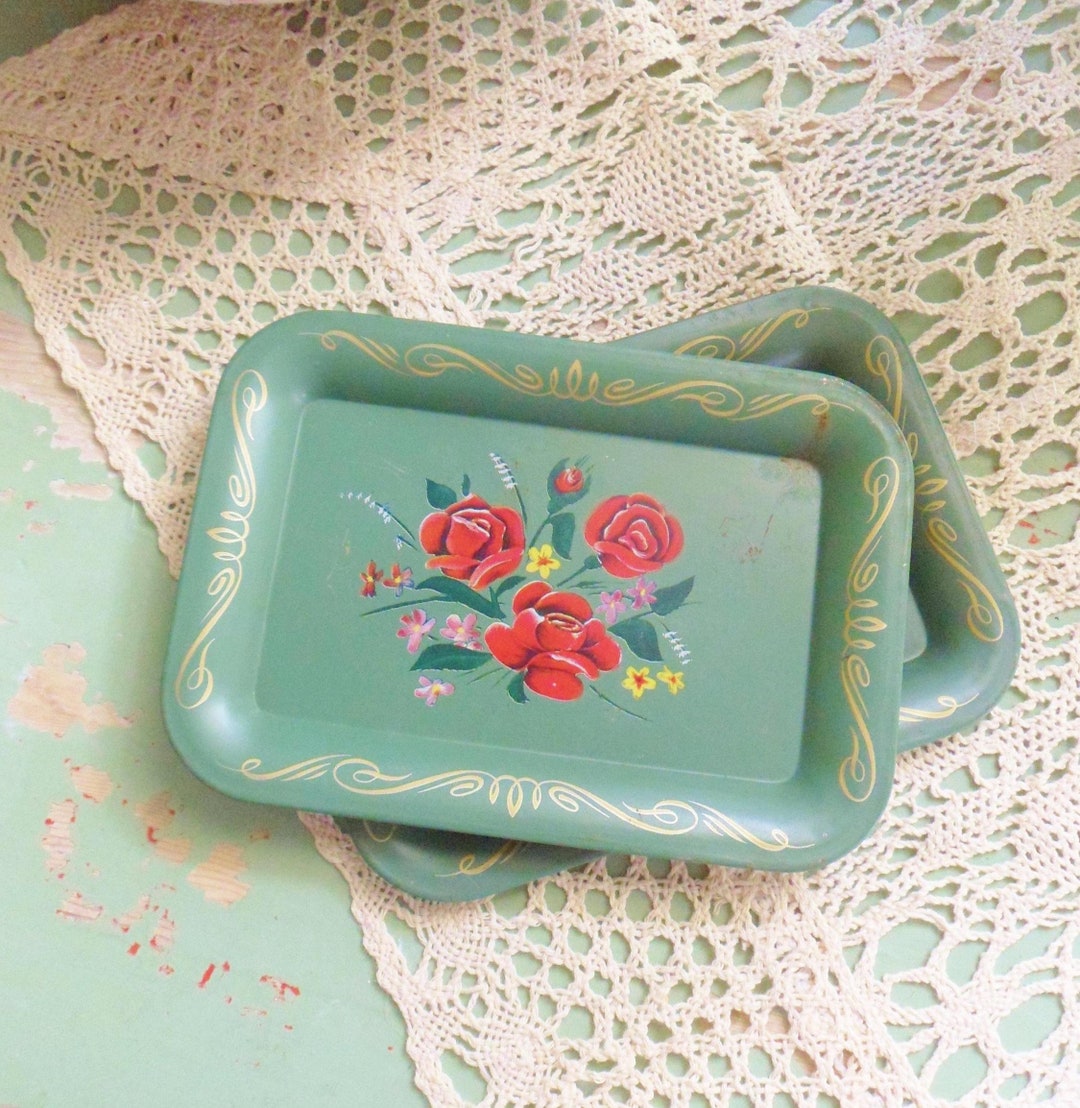 Two Small Metal Serving Trays, Sage Green Trays With Red Roses, Pair of ...