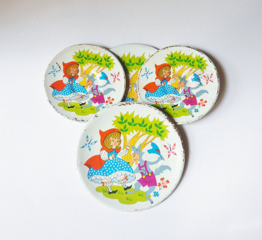 Four Metal Toy Dishes, Goldilocks Printed Play Dishes, Vintage Tinplate ...