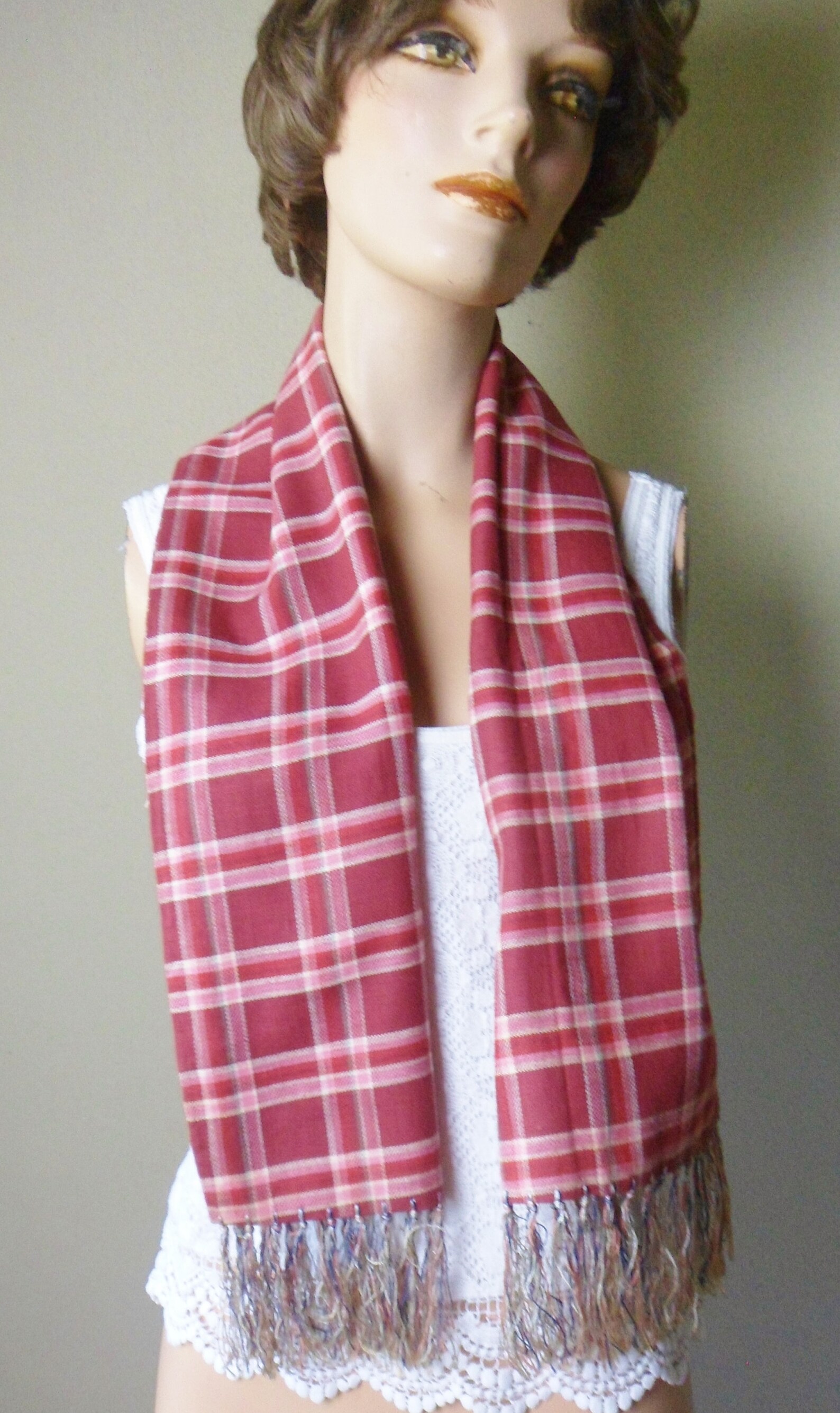 Red Plaid Neck Scarf, Handmade Scarf With Hand Knotted Fringe, Long ...