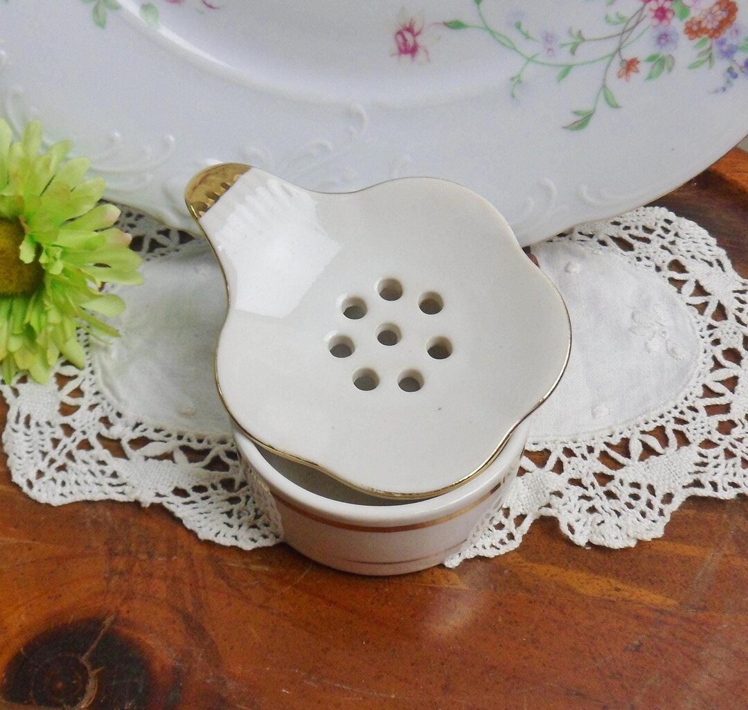 Porcelain Tea Strainer With Drip Bowl, White and Gold Loose Leaf Tea Infuser, Vintage Hand Held ...