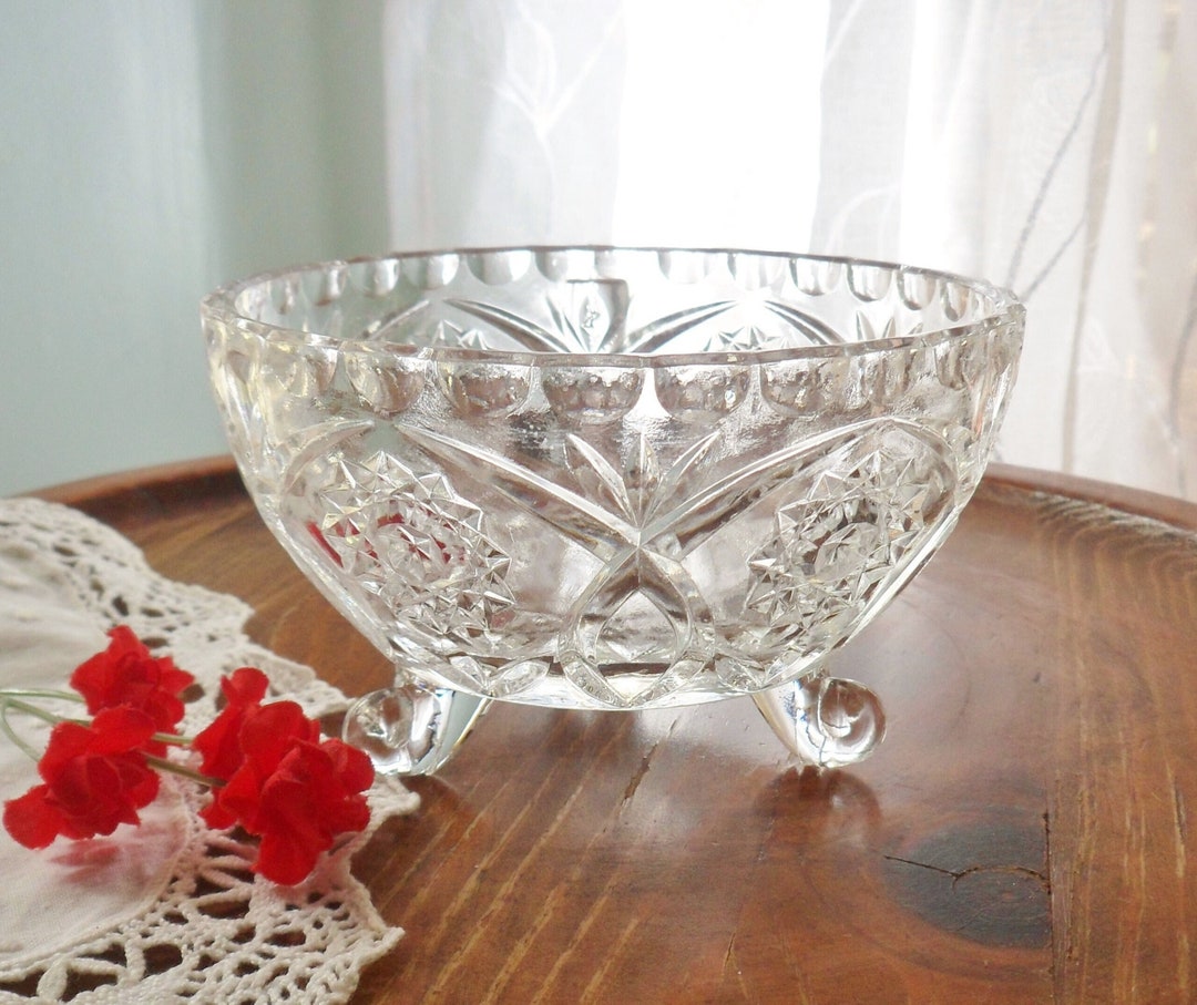 Footed Glass Finger Bowl, EAPG Clear Pressed Glass Flower Pattern Bowl ...