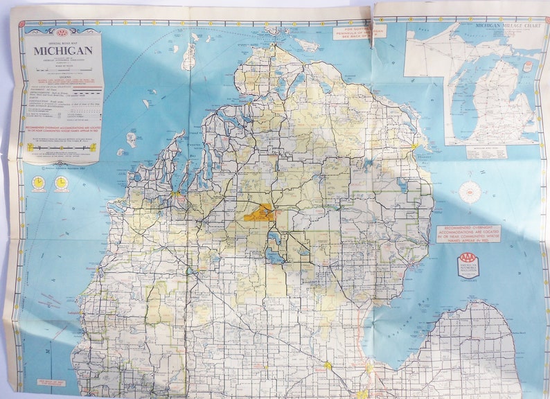 Michigan Road Map 1957 Lower and Upper Peninsula Road Map - Etsy