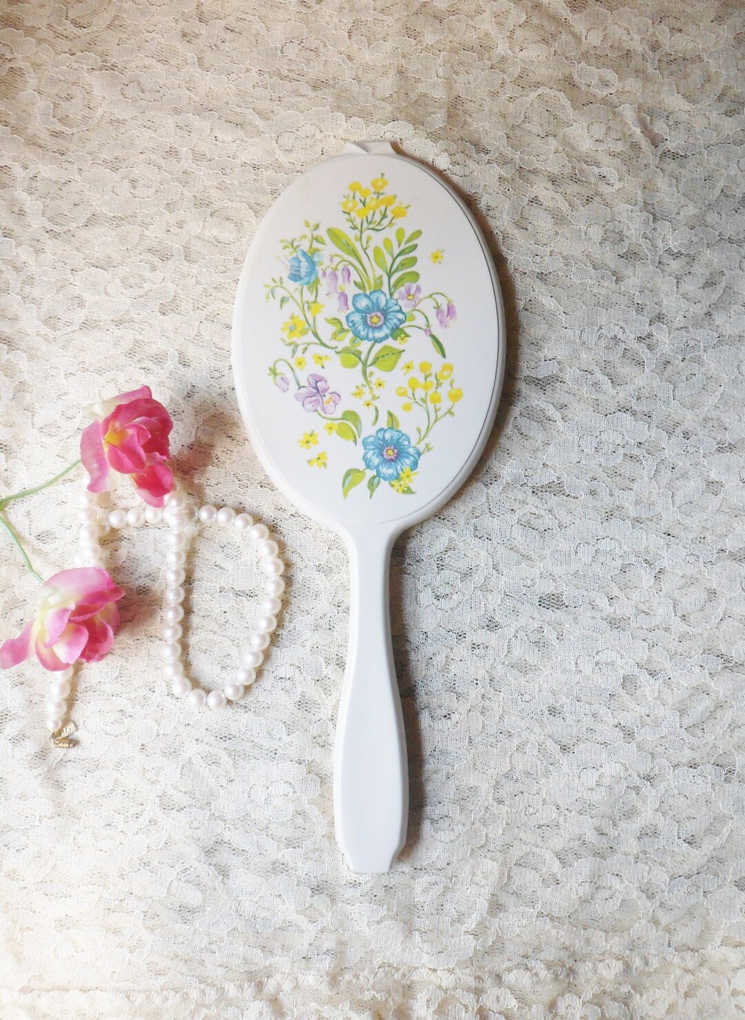 Hand Held Celluloid Mirror With Flowers, Vintage Hand Mirror With ...