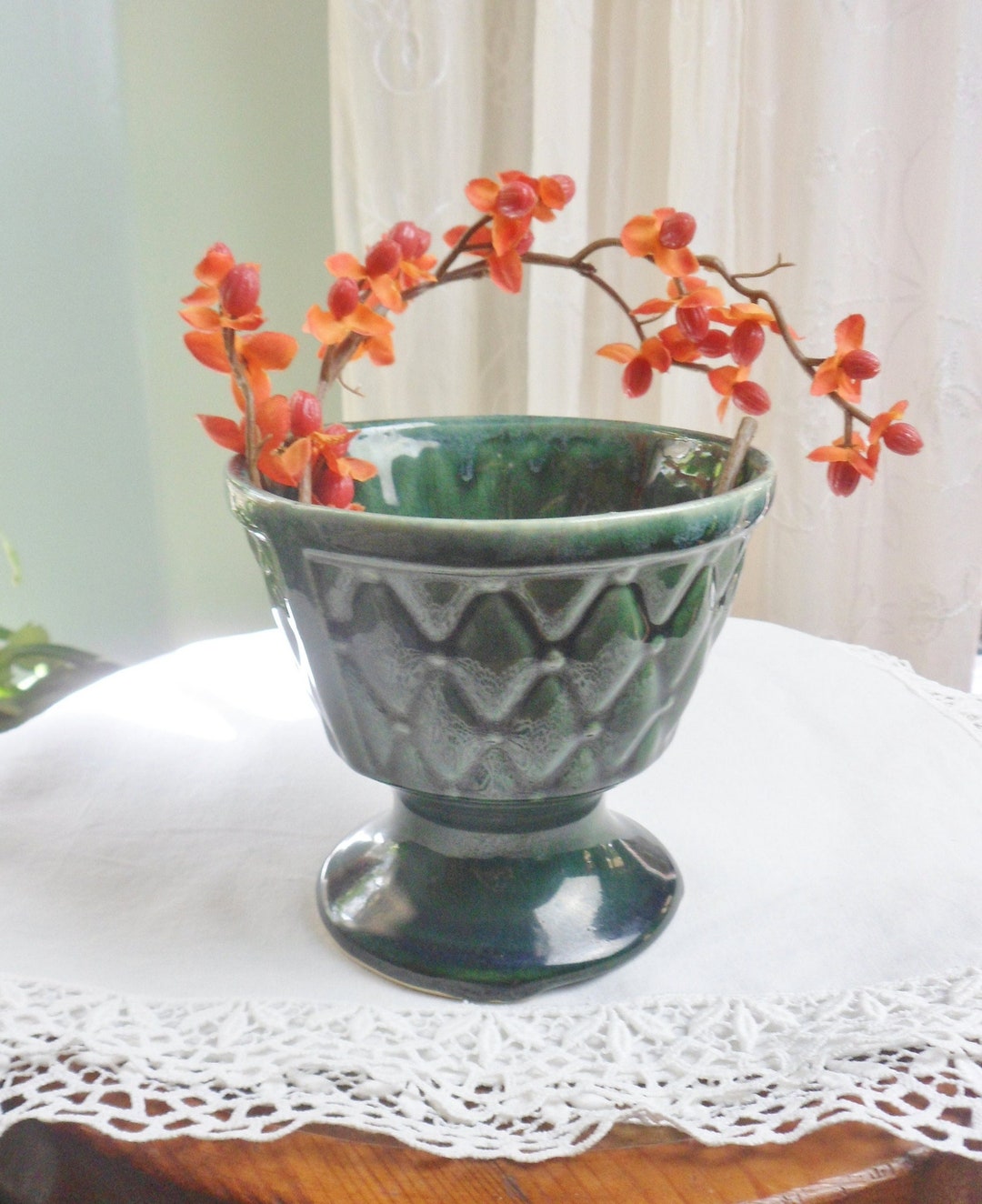 Small Dark Green Footed Planter, Pedestal Planter in Diamond Pattern ...