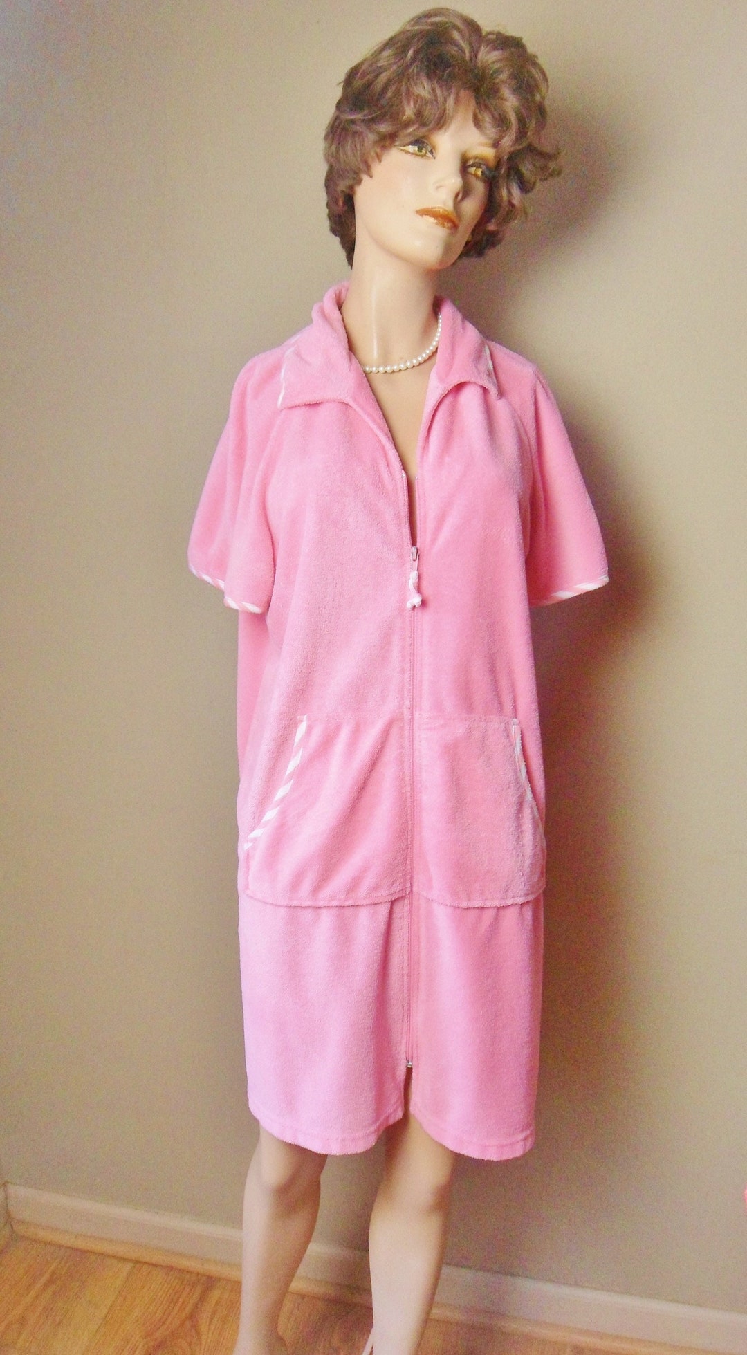 Jasmine Rose Terry Cloth Zip Robe, Knee Length Pink Robe With Striped ...