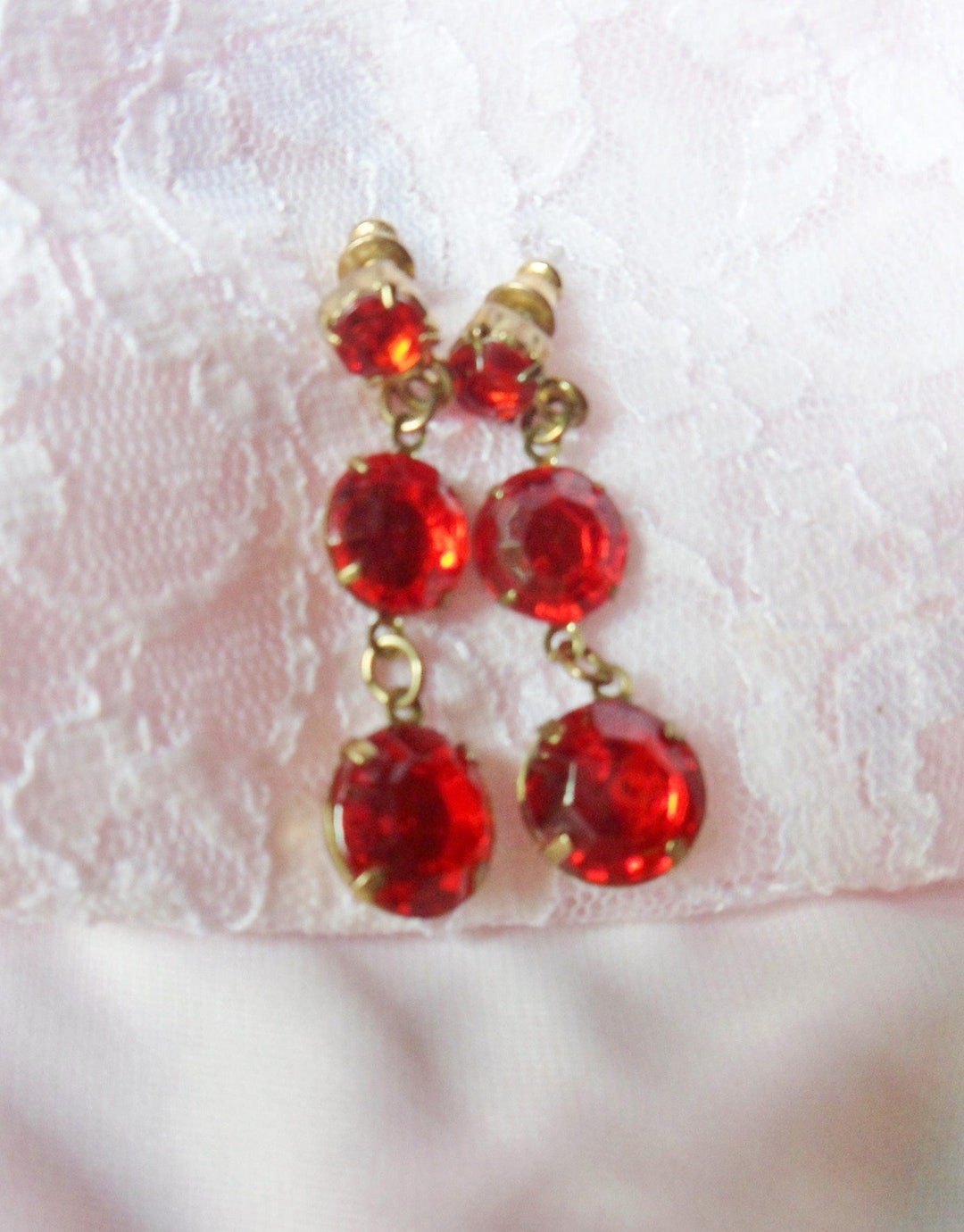 Red Rhinestone Dangle Earrings, Vintage Pierced Post Style Chain Dangle ...