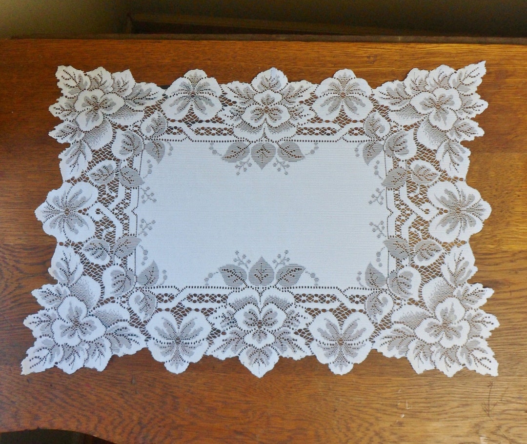 White Lace Doily, Rectangular Doily With Pansies, Vintage Doily With ...