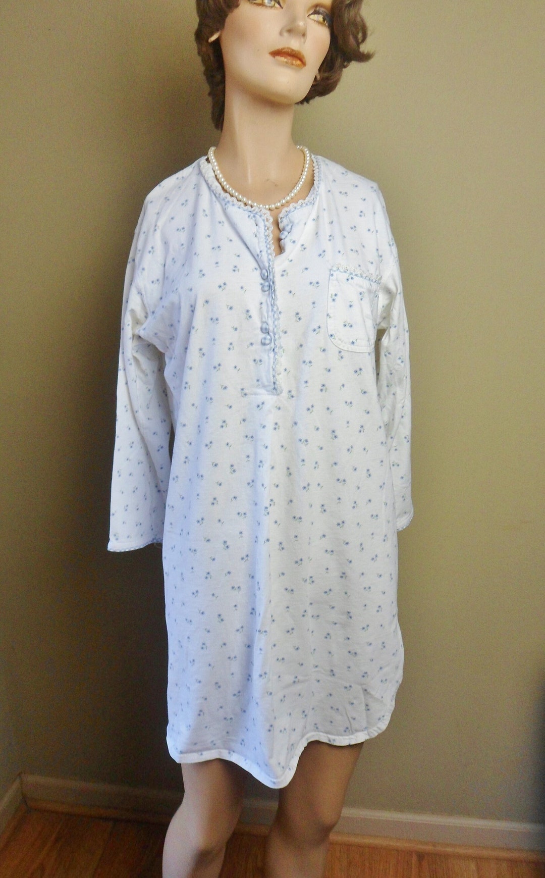 Earth Angels Nightgown, White Cotton Nightie With Tiny Blue Flower and ...