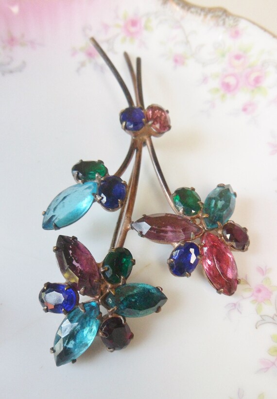 Three Flower Rhinestone Pin, Multi Colored Rhinestone… - Gem