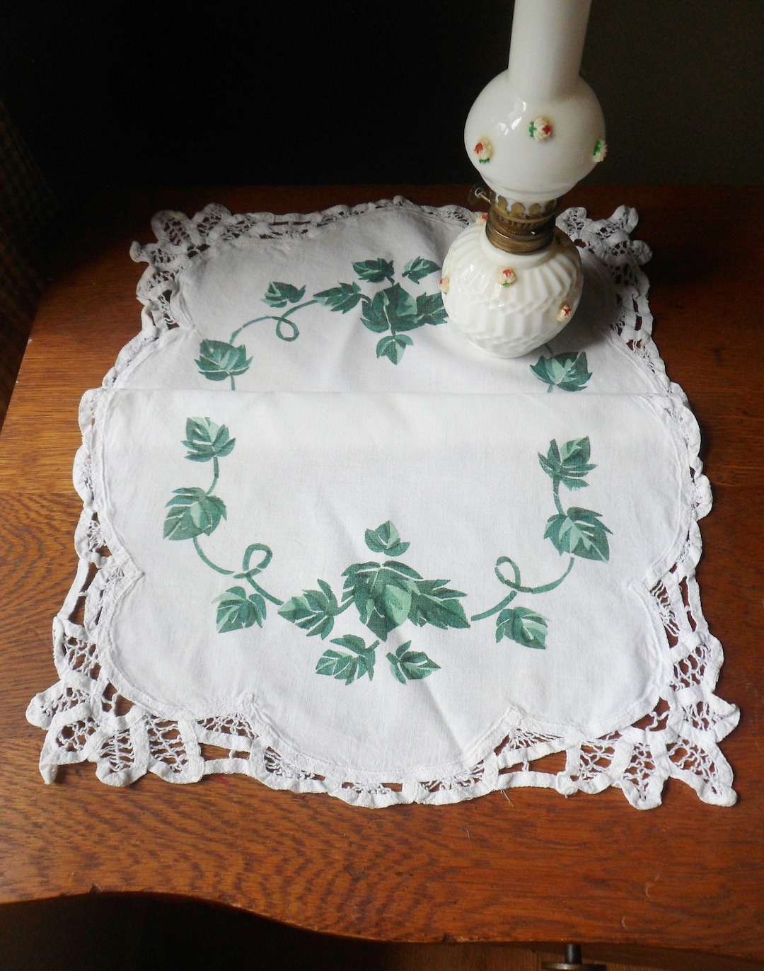 Green Ivy Battenburg Lace Doily, Rectangular Cotton Doily With Vine ...