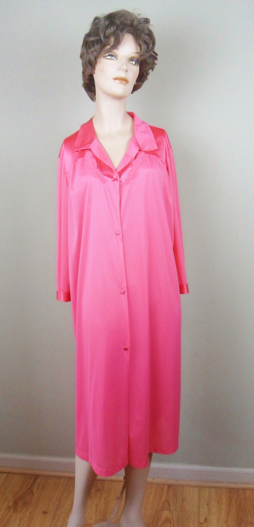 Vanity Fair Hot Pink Nylon Robe, Bright Pink Sheer Button Down Robe W ...