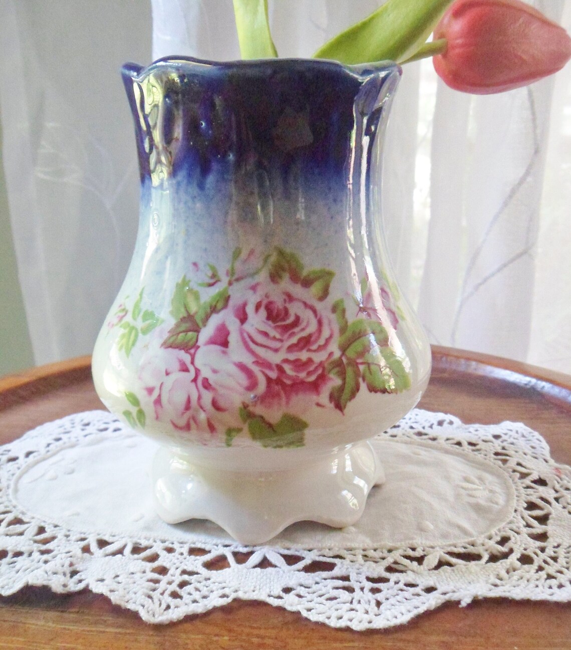Flow Blue Vase With Roses Vintage Footed Victorian Flower - Etsy