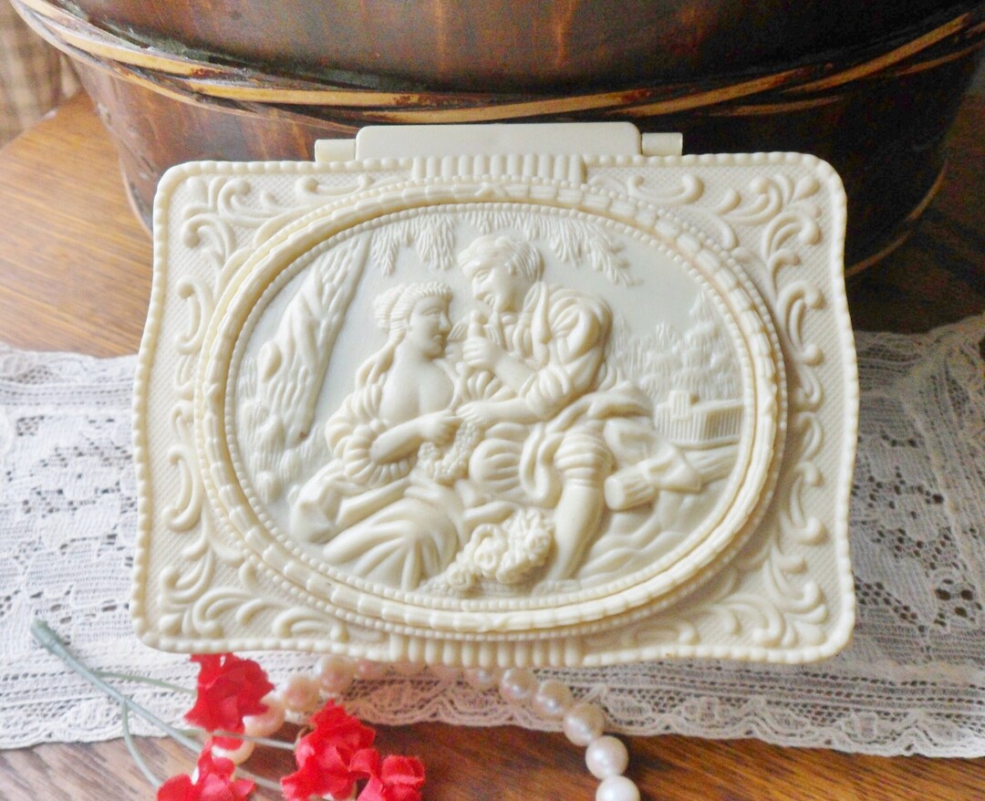 Victorian Courting Couple Jewelry Box, Small Ornate Celluloid Art Box ...