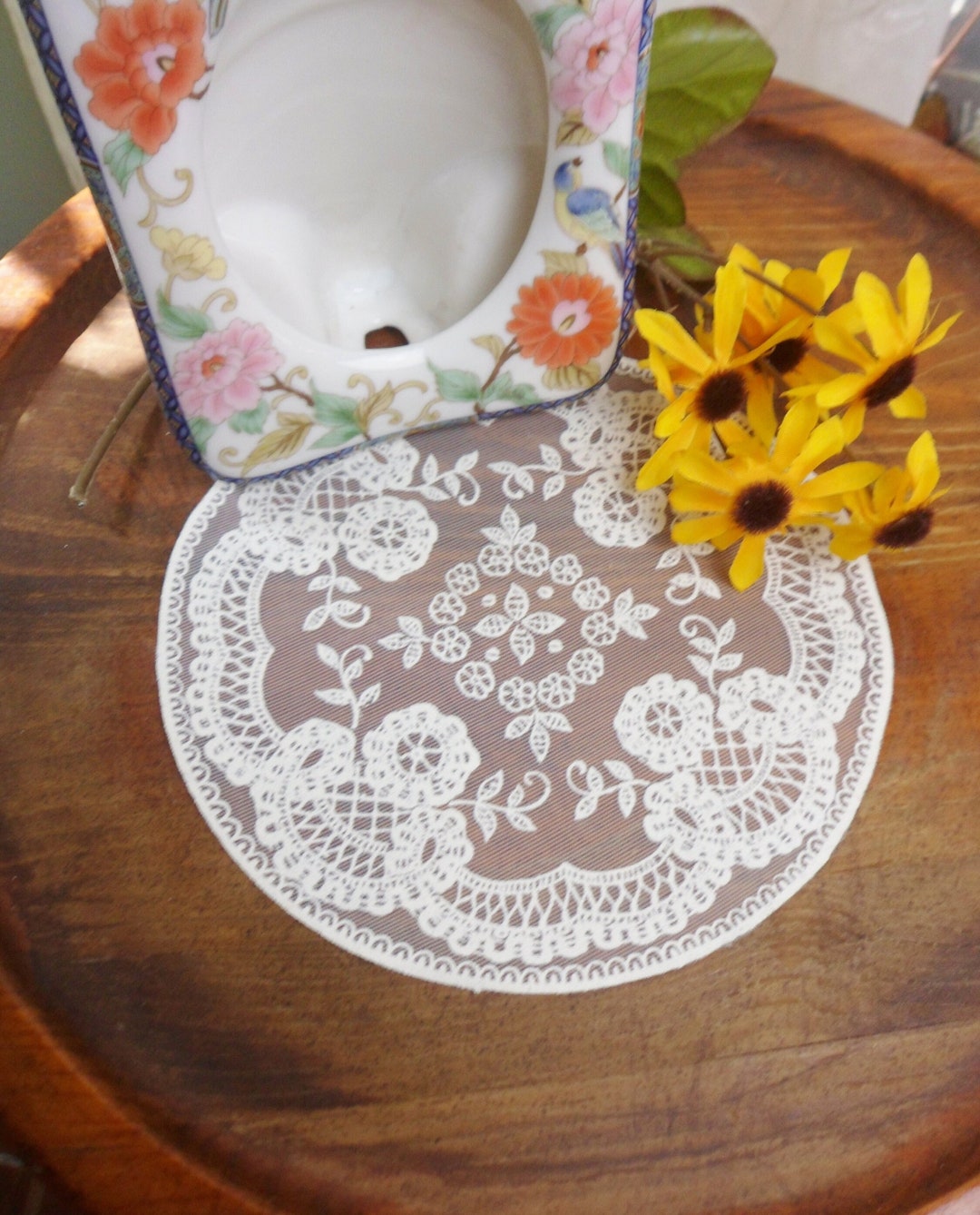 Small Round Flocked Nylon Doily, Sheer Floral and Lace Velvet Flocked ...