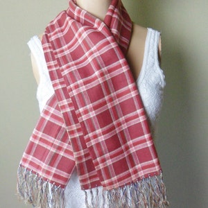Red Plaid Neck Scarf, Handmade Scarf With Hand Knotted Fringe, Long ...