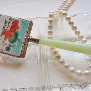Hand Held Asian Mirror With Jade Handle, Hand Painted Vintage Porcelain ...