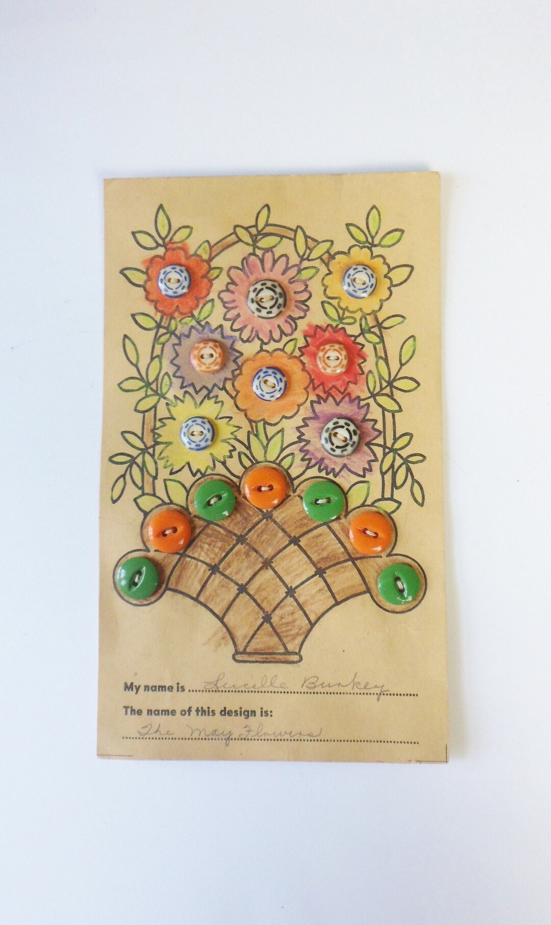 Grade School Button Art, Signed Glass Button Picture, the May Flowers ...