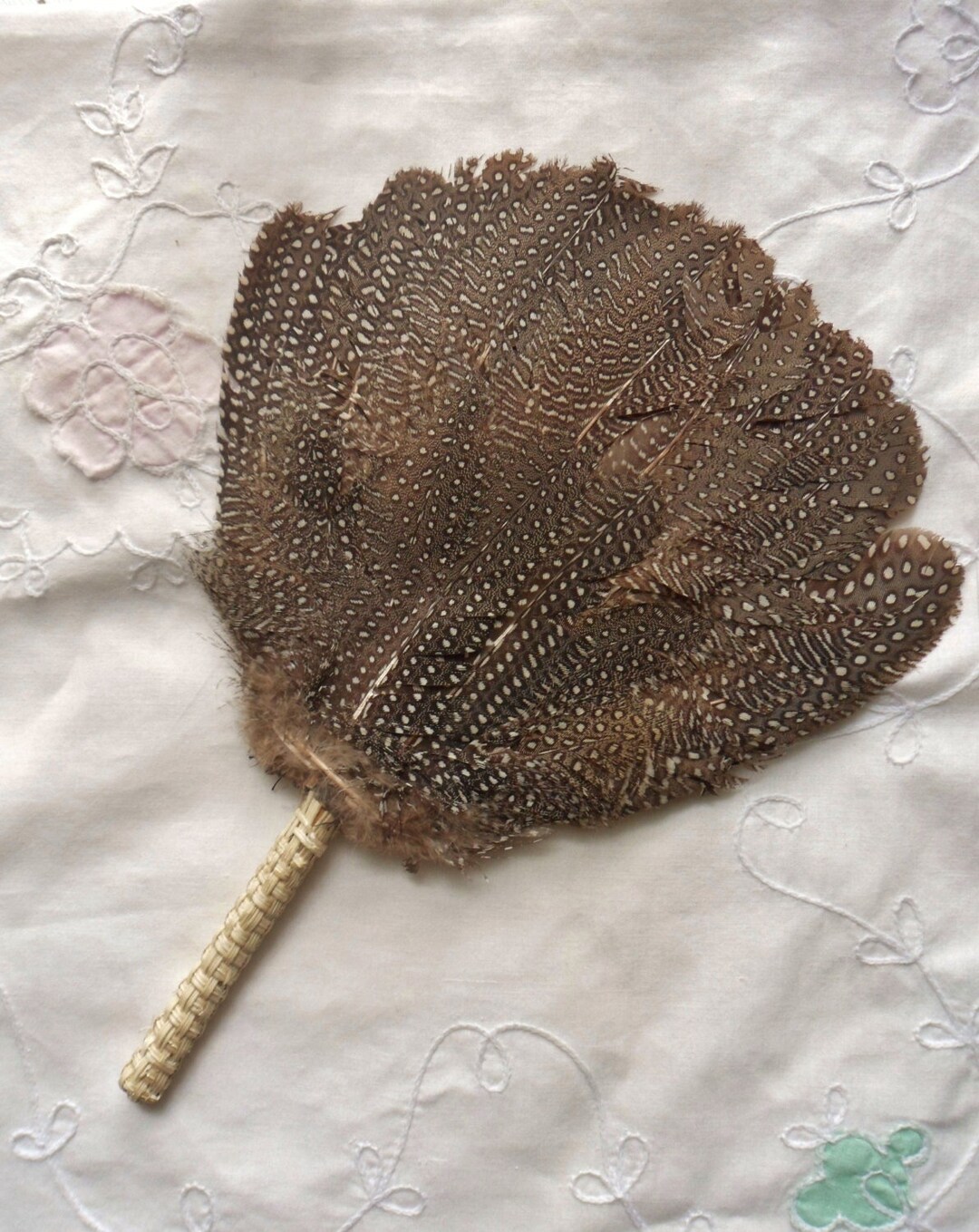 Buy Handmade Guinea Hen Feather Hand Fan, Vintage Real Feather Hand ...