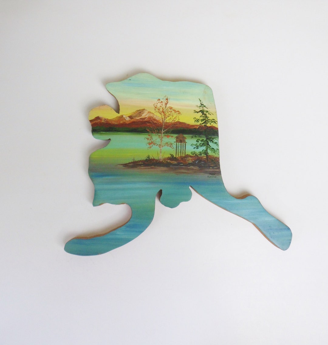 Alaska Wall Plaque With Mountain Scene and Moose Blind, Hand Painted ...