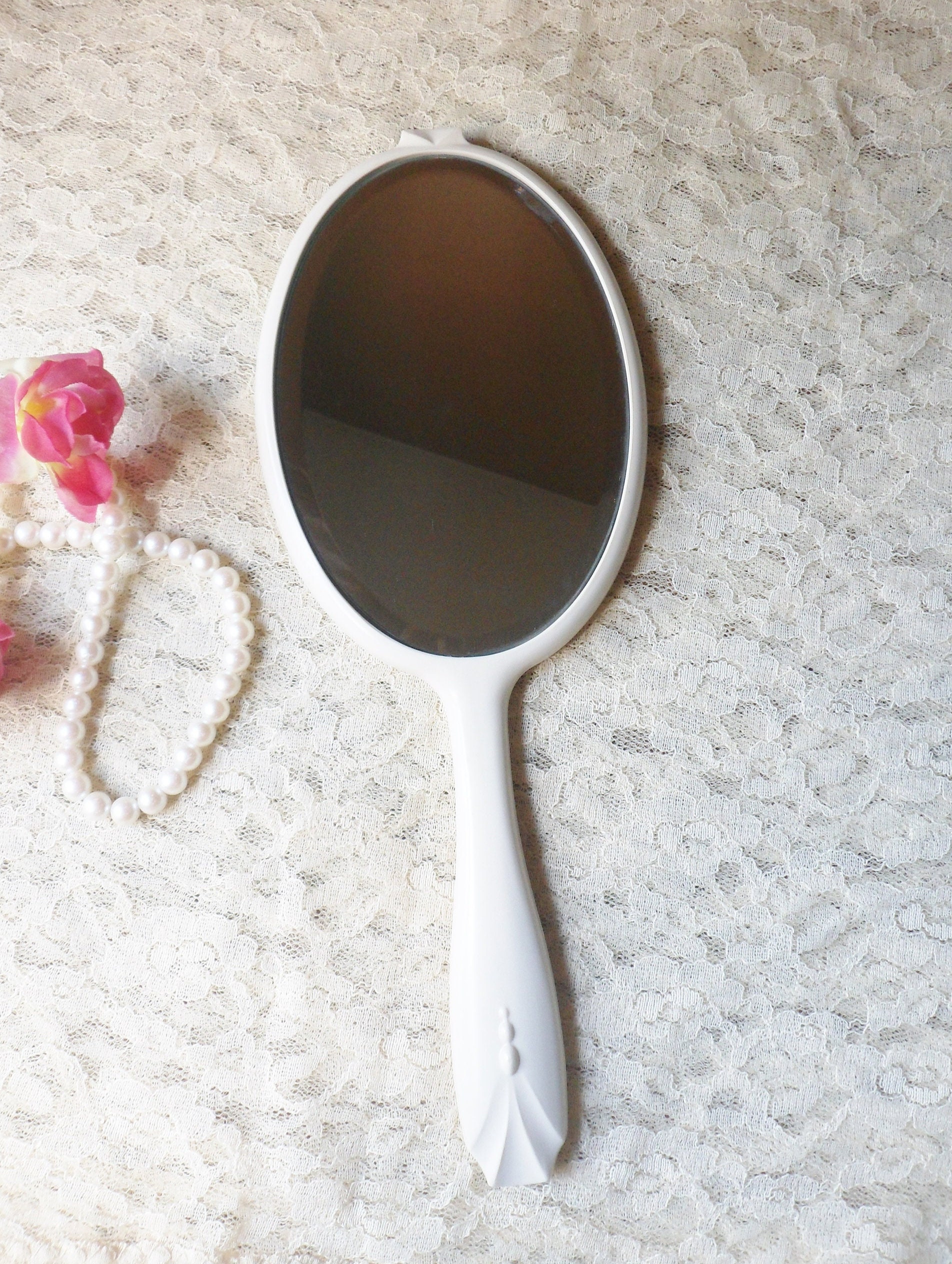Hand Held Celluloid Mirror With Flowers, Vintage Hand Mirror With ...