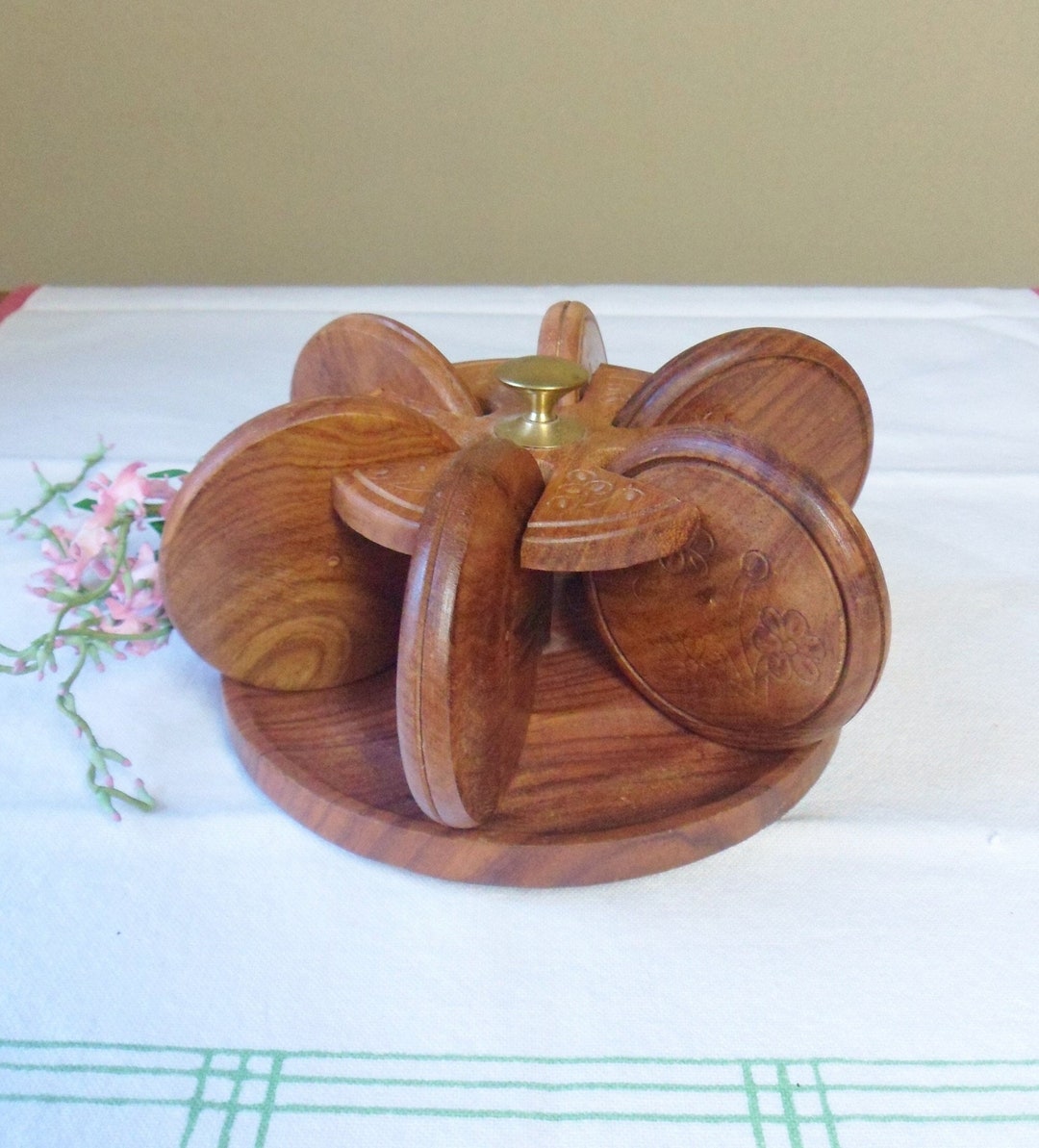 Set of Coasters in Wooden Holder, Hand Carved Sheesham Wood Floral ...